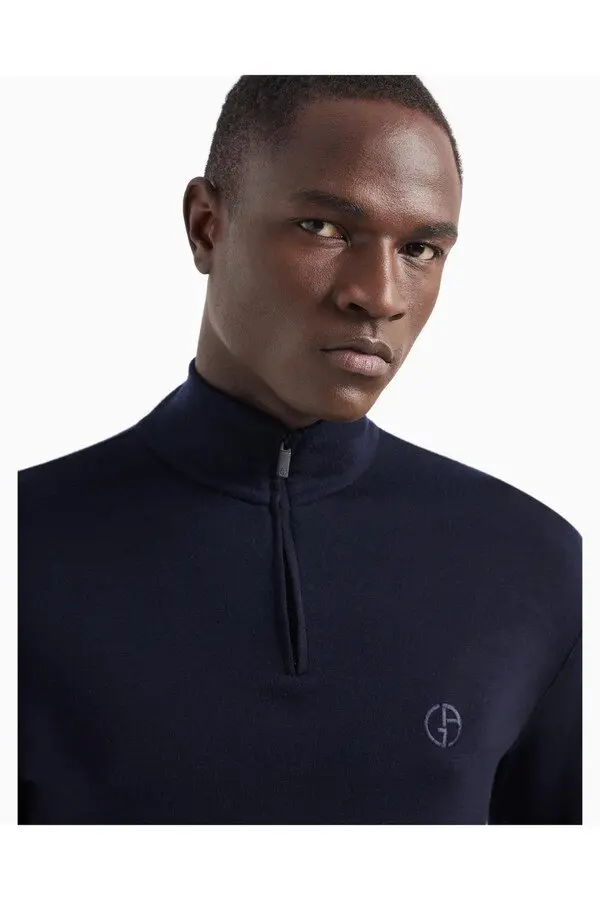Giorgio Armani Virgin-wool Knit Mock-neck Sweatshirt - Navy