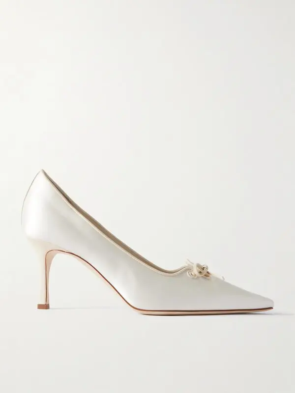 Manolo Blahnik Zaman 70 Leather-trimmed Satin Point-toe Pumps - Ivory