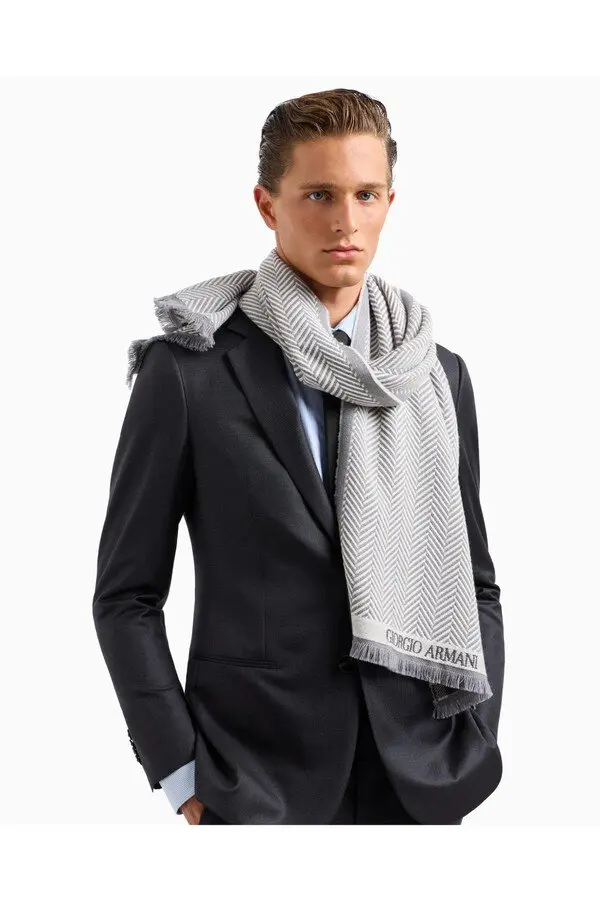 Giorgio Armani Chevron Jacquard Wool Scarf - Grey
