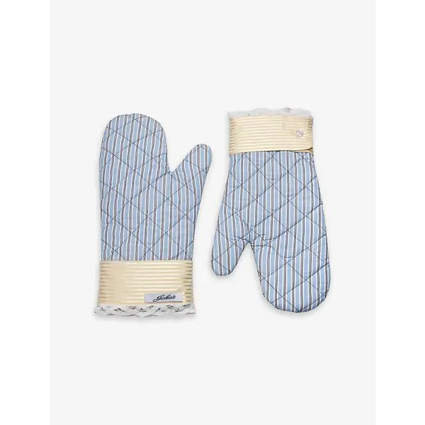 GOHAR WORLD Lace-trim Striped Cotton Oven Gloves Set - Light Blue Stripe