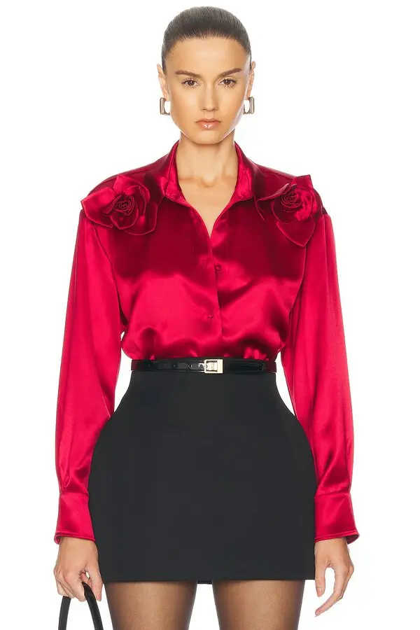 AKNVAS Flor Satin Button Down Shirt With Roses - Poppy