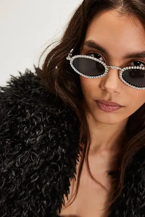 Free People Silver Jeweled Oval Sunglasses with Black Lenses Sunglasses, Oval shape, 2 in 1 clip-on, SK7044, Silver tone  main image 2