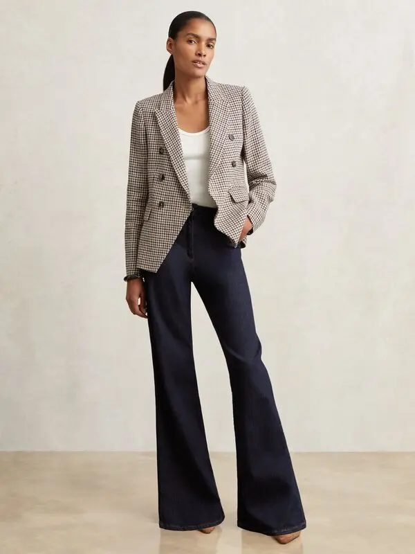 REISS Evie Cotton-linen Houndstooth-check Blazer - Navy Neutral Check