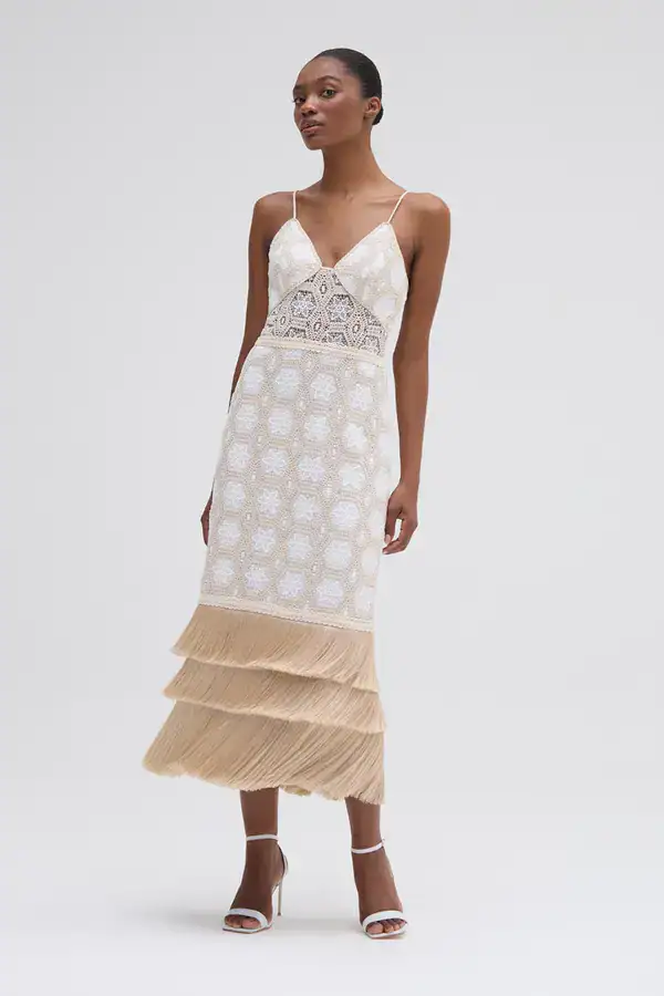 Natural Crochet Plunge Midi Dress