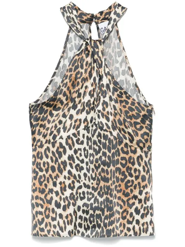 GANNI Leopard-print Satin Halterneck Top - Neutrals