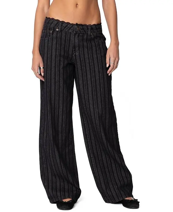 EDIKTED Lace Trim Striped Low Rise Jeans