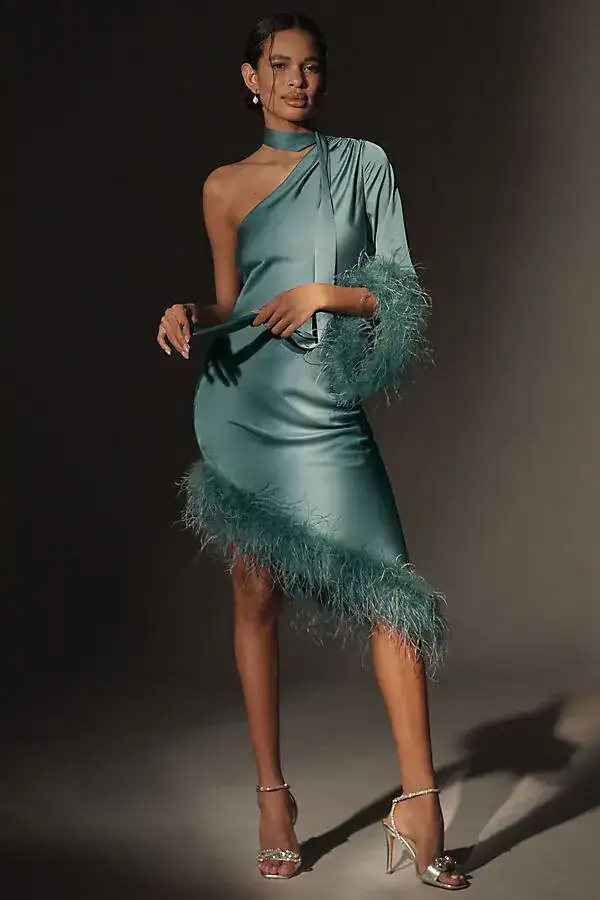 Hutch Asymmetrical One-Shoulder Faux-Feather Scarf Midi Dress In Blue - 29%  Off | Editorialist
