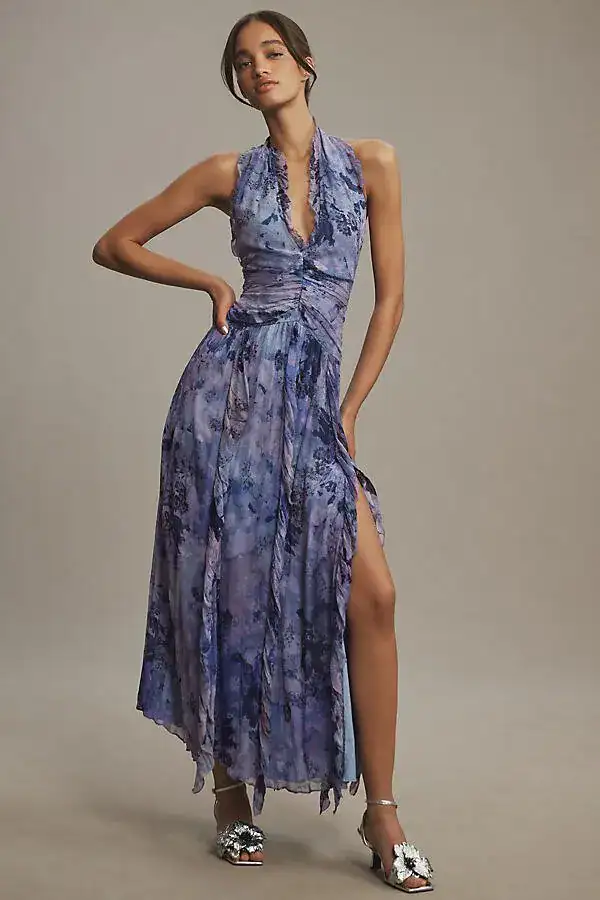 white christmas dresses Pleated Chiffon V-Neck Front Slit Evening Dress main image 0