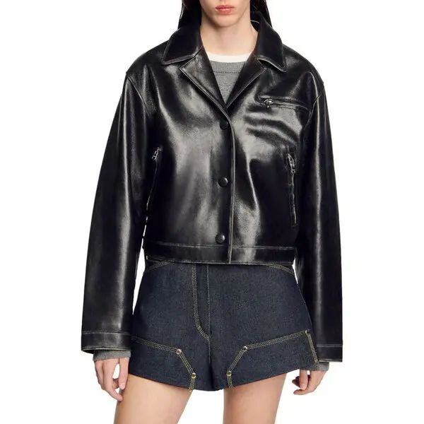 Sandro Distressed Leather Jacket - Black