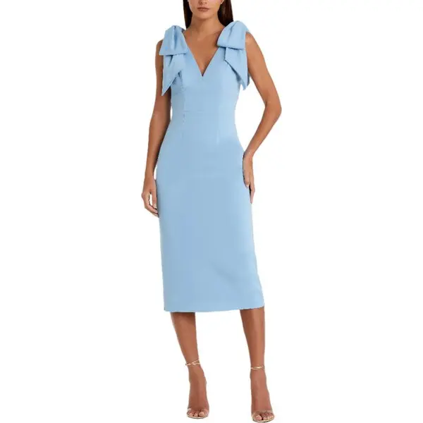Mac Duggal Bow Strap Crepe Fitted Midi Dress - Powder Blue