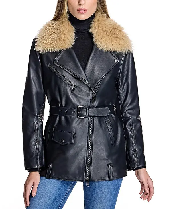 MAXIMILIAN Leather Moto Jacket With Detachable Shearling Collar