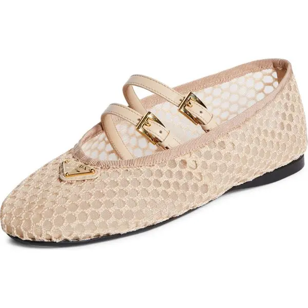 Prada Mesh Mary Jane Ballerina Flat - Travertino