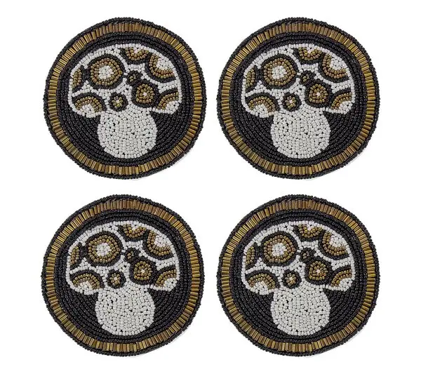 GLOBAL CRAFTS Hand Embroidered Glass Bead Coast Ers, Set Of 4