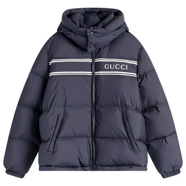 Gucci Logo Hooded Down Jacket - Navy
