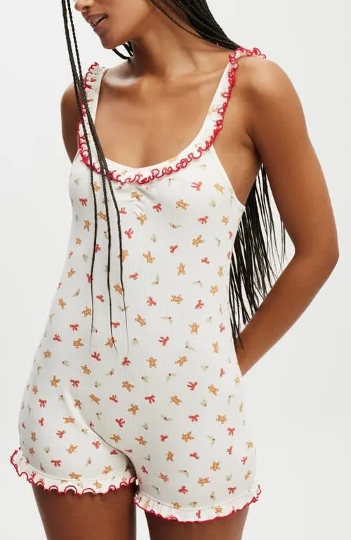 Cotton:on Rib Ruffle Boyleg Romper - Gingerbread Bows