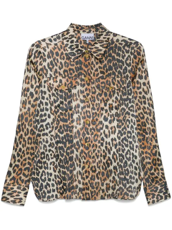 GANNI Leopard-print Satin Shirt - Brown