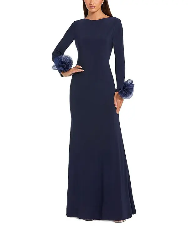 Mac Duggal Long Sleeve Fitted Jersey Gown With 3d Flowers - Midnight