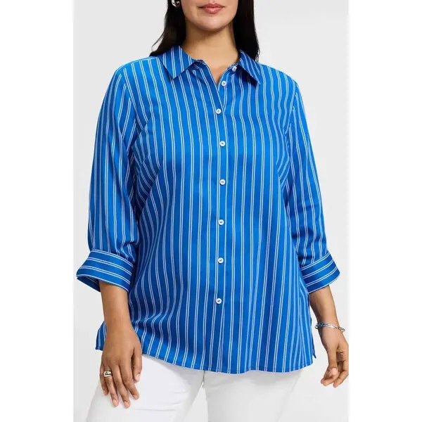 Foxcroft Evelyn Stripe Cotton Button-up Shirt - Cobalt Blue White