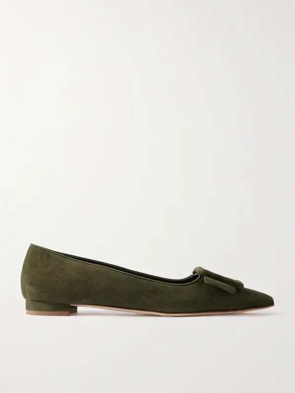 Manolo Blahnik Maysale Buckled Suede Flats - Green