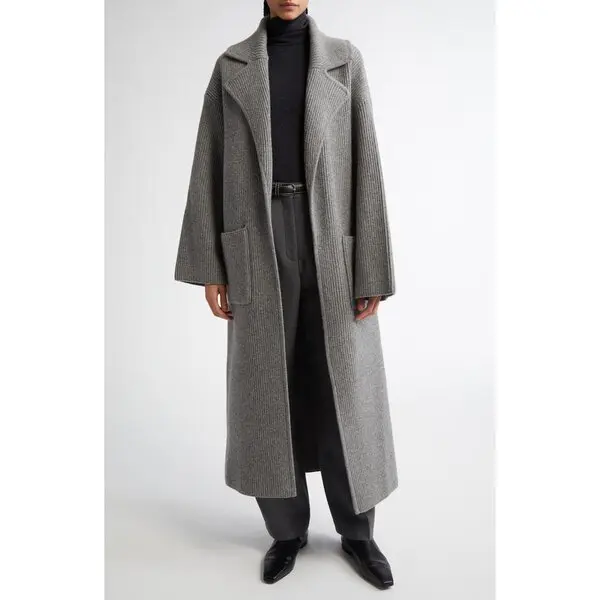 TOTÊME Wool Blend Rib Cardigan Coat - Grey Melange