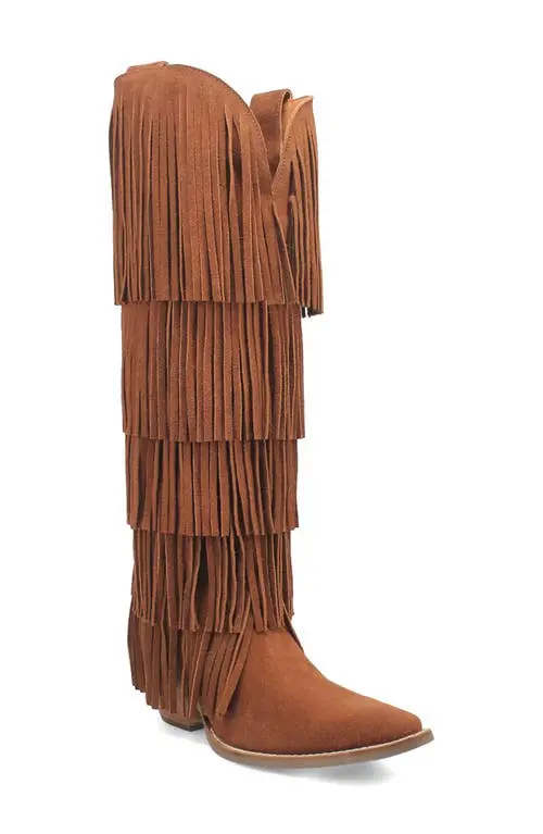 DINGO Wild Child Fringe Knee High Western Boot - Brown