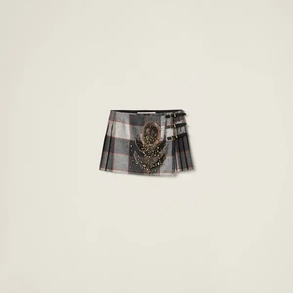 Miu Miu Embroidered Plaid Miniskirt - Grey/tan