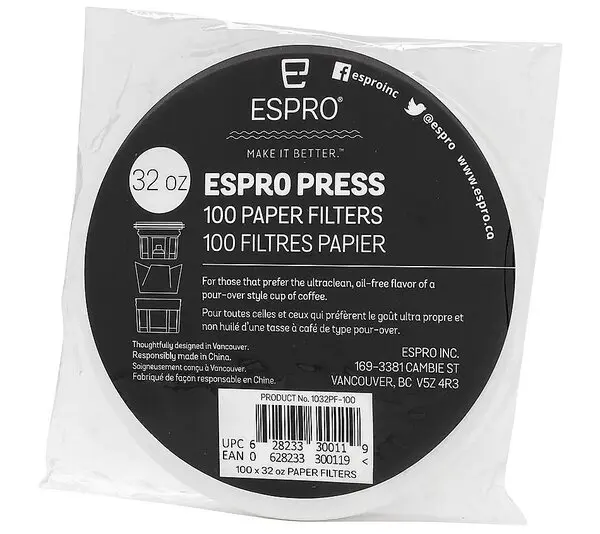 ESPRO Paper Coffee Filters For 32-oz French Pre Ss, Set Of 100