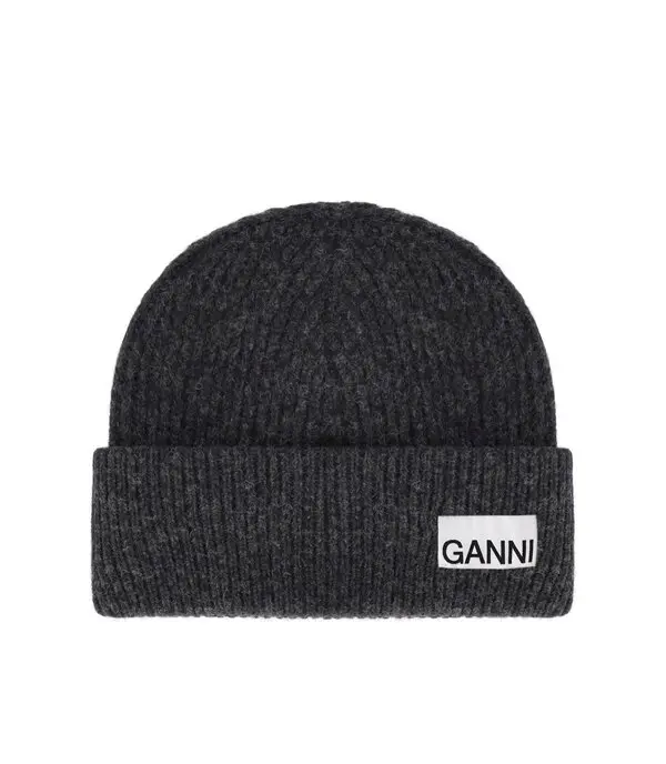 GANNI Ribbed Wool Beanie - Grey