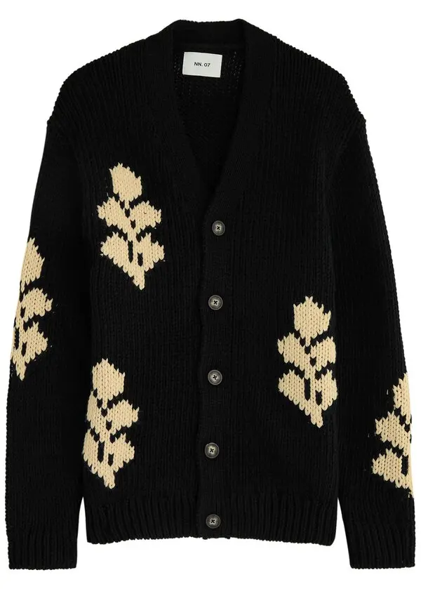 Nn07 Mika Leaf-Intarsia Knitted Cardigan Black Editorialist