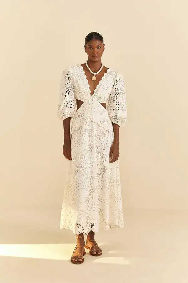 knee length dresses for ladies White Richelieu Sleeveless Midi Dress – FARM Rio main image 1