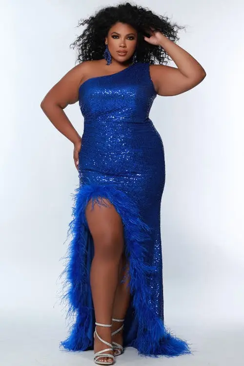 SYDNEY'S CLOSET One-shoulder Sequin And Ostrich Feather Gown - Cobalt
