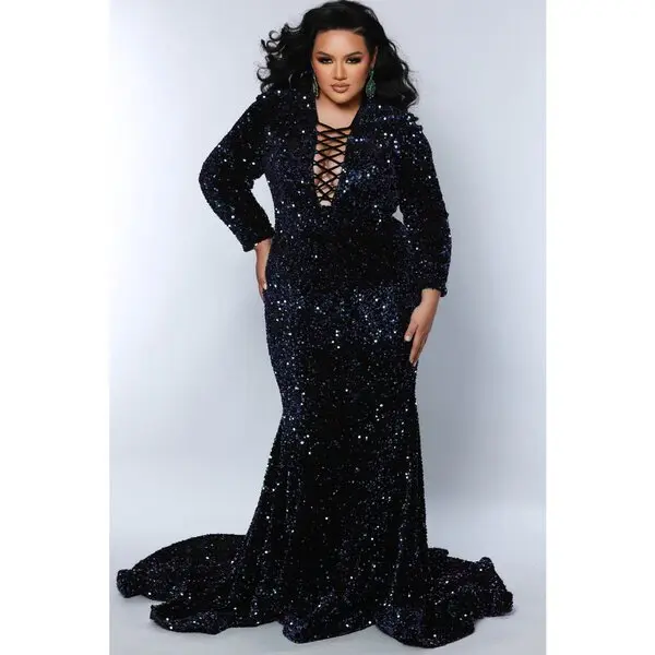 SYDNEY'S CLOSET Long Sleeve Sequin Velvet Evening Gown