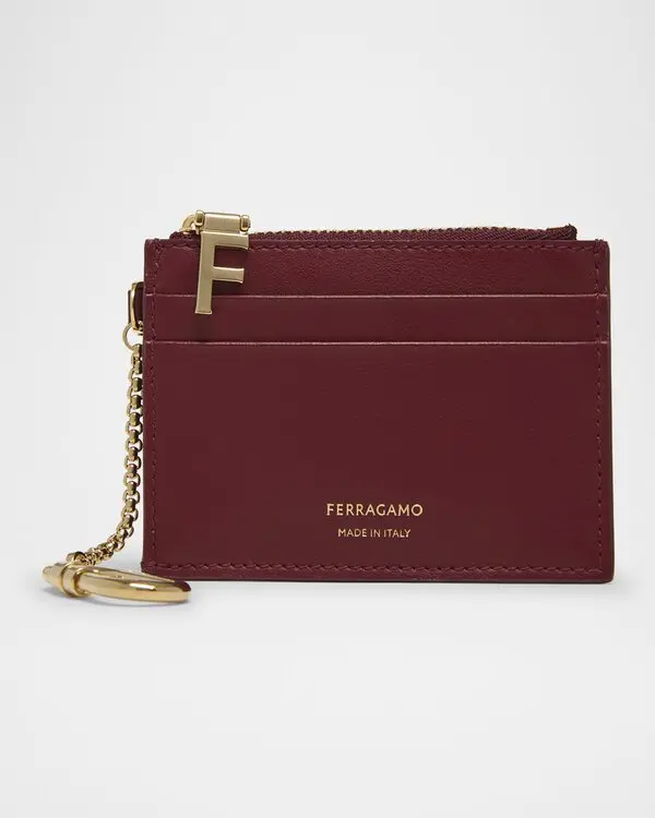FERRAGAMO Hot Stamp Zip Leather Card Holder - Borgogna