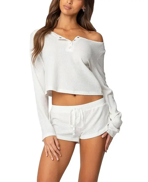 EDIKTED Teddy Cropped Waffle Top - White