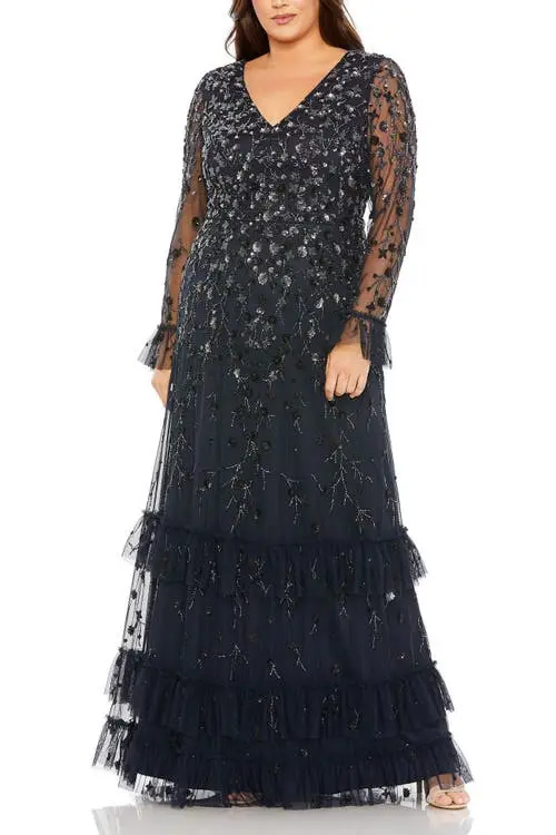 Mac Duggal Embellished Flutter Sleeve Tiered Gown - Midnight