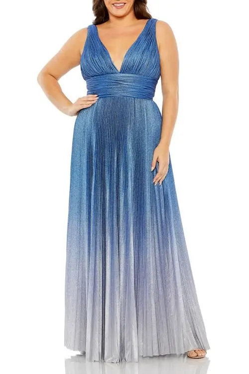 Mac Duggal V-neck Ombre Pleated Gown
