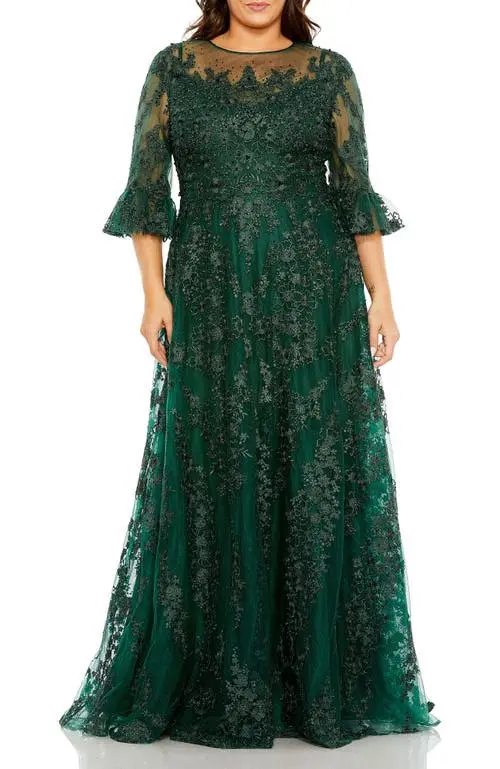 Mac Duggal High Neck A-line Gown With Flutter Sleeves - Emerald