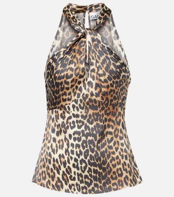 GANNI Leopard-print Halterneck Top - Brown