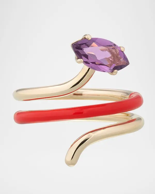 Bea Bongiasca 9k Yellow Gold, Red Enamel & Amethyst Statement Ring - Multi