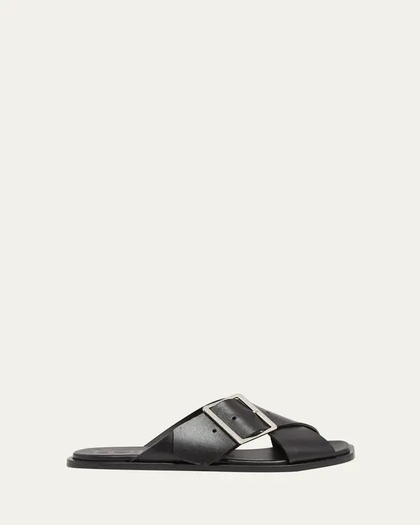 Loewe Petal Leather Crisscross Buckle Slide Sandals - Black