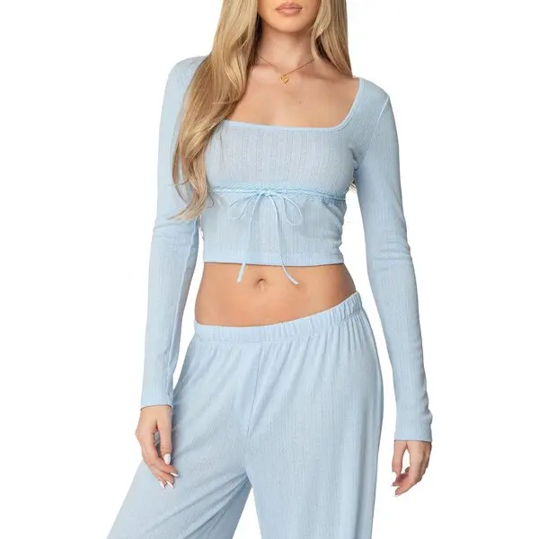 EDIKTED Pointelle Crop Top - Light-blue