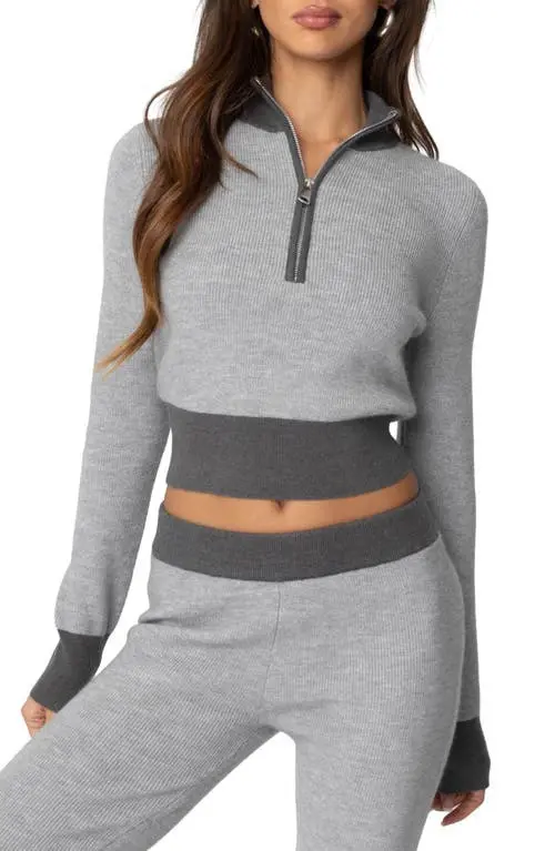EDIKTED Lei Contrast Trim Half Zip Crop Top