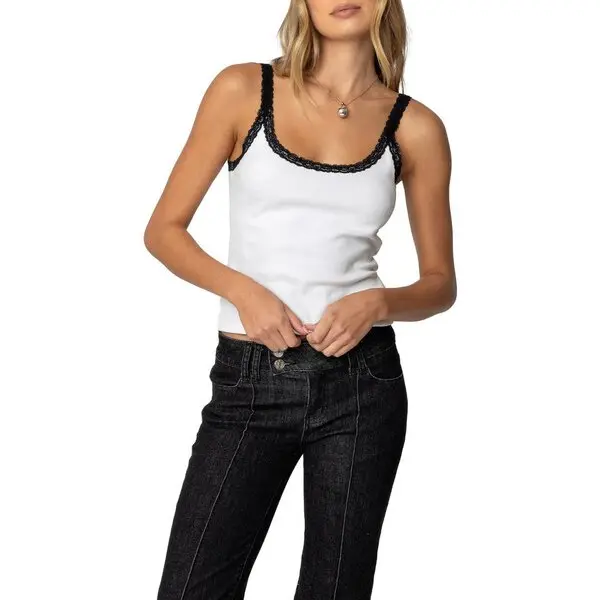 EDIKTED Jude Lace Trim Rib Tank - White