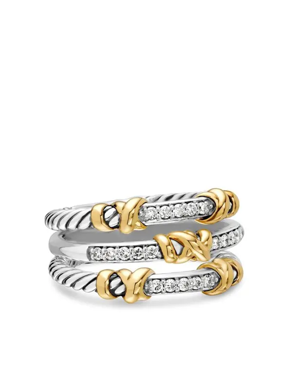 David Yurman 18k Yellow Gold And Sterling Petite Helena Wrap Three Row Diamond Ring - Silver