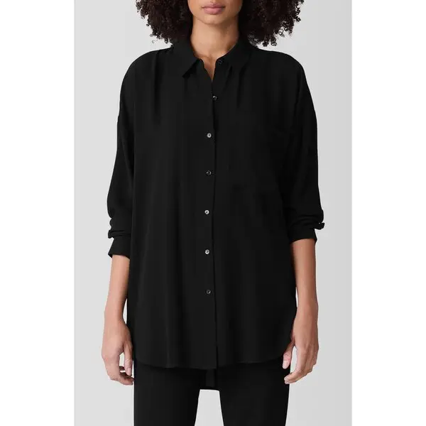 Eileen Fisher Classic Collar Silk Longline Shirt - Black