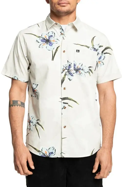 Quiksilver Apero Floral Short Sleeve Stretch Cotton Button-up Shirt - Silver Birch Print