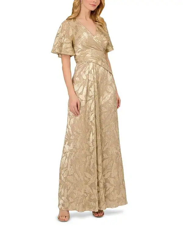 adrianna papell foil asymmetric maxi dress sage gold Light Green Long Sleeve Foil Short Wrap Dress main image 1