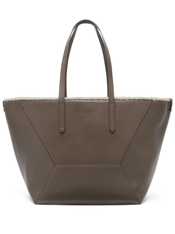 Brunello Cucinelli Leather Tote Bag With Monili Chain Detail - Brown