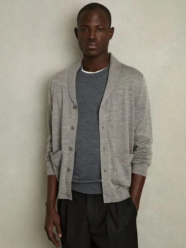 REISS Taunton Merino Wool Cardigan - Warm Grey Melange