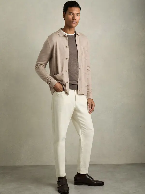 REISS Munich Merino Wool Cardigan - Wheat Melange